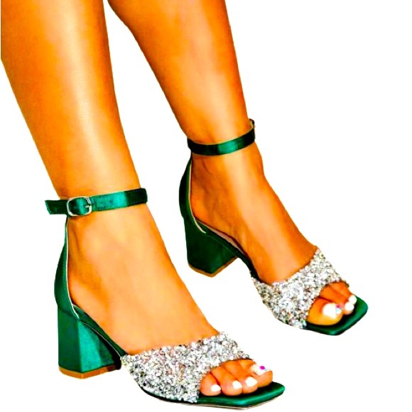 Shoes | Nwt Stunning Emerald Green Satin Silver Rhinestone Embellished ...